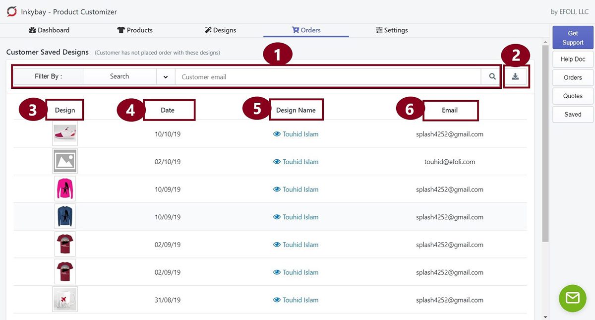 Customer Saved Designs - Product Customization Software for Print Shops